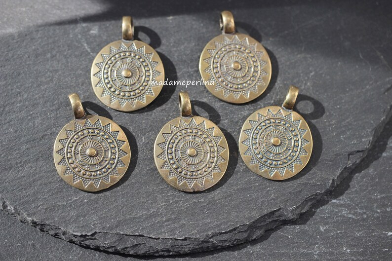 2 Mandala Sun Pendants Bronze plated Ethnic coin tribal | Etsy
