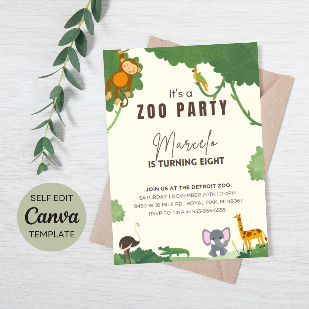 Editable Zoo Birthday Invitation Template | Canva Instant Download ...