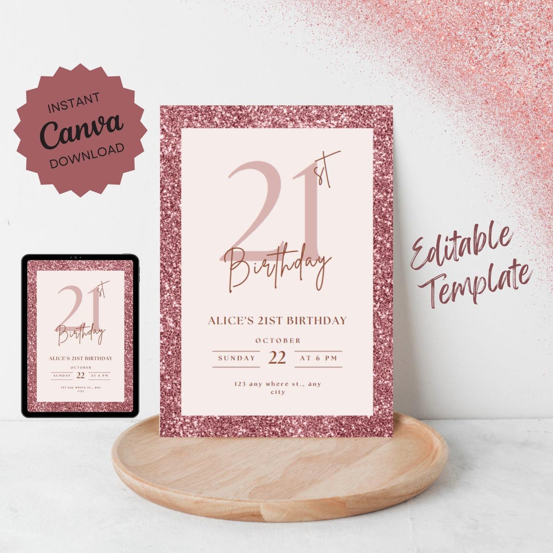 Rose Gold Glitter Birthday Invite Canva Template | Self-edit Instant ...