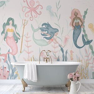 Mermaid Underwater Wallpaper Mural Watercolor Peel and Stick Wall Art ...