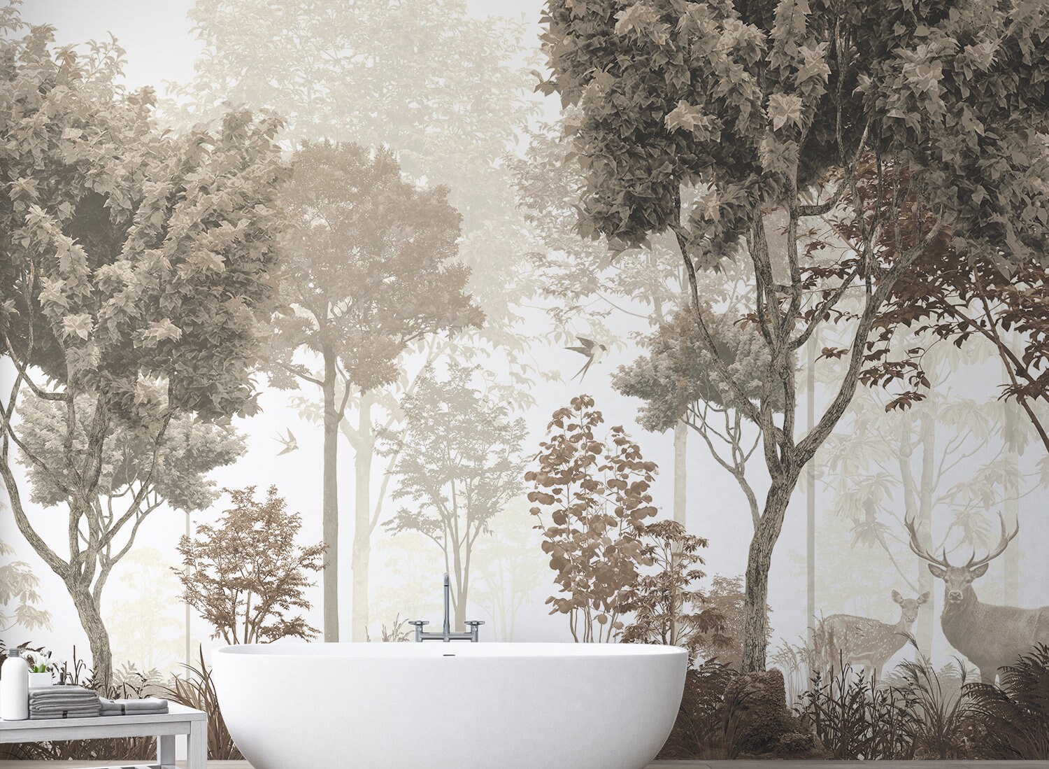 Neutral Woodland Deer Wallpaper Mural With Trees and Birds for Living ...