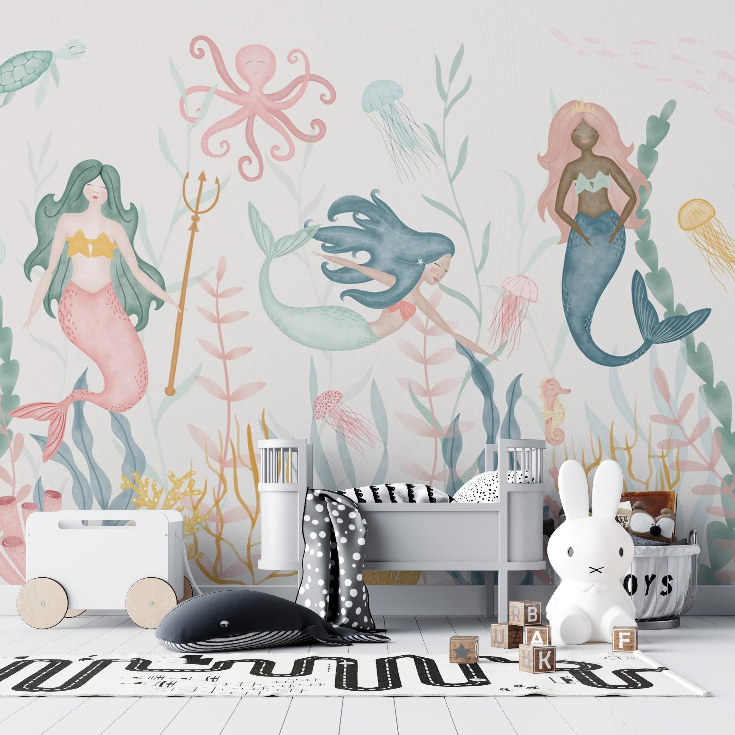 Enchanting Pastel Mermaid Wall Mural – Modern Underwater Watercolor ...
