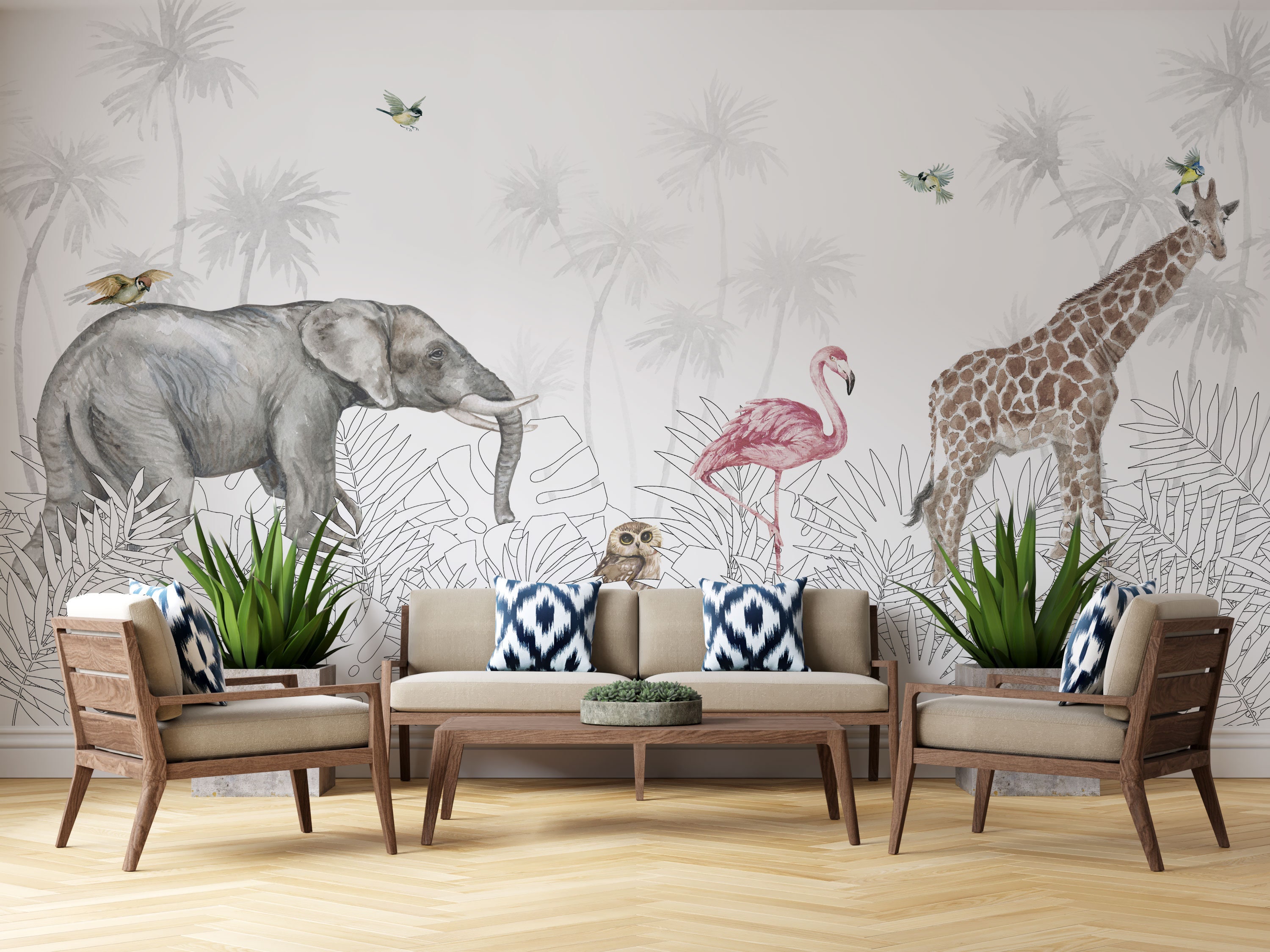 Magical Forest With Elephant Flamingo and Giraffe Wallpaper - Etsy
