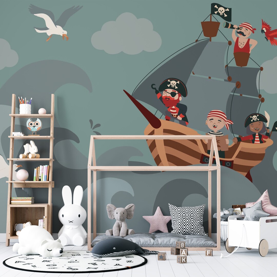 Playful Pirate Ship Kids Wallpaper Mural for Nursery & Playroom Decor ...