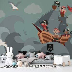 Playful Pirate Ship Kids Wallpaper Mural for Nursery & Playroom Decor ...