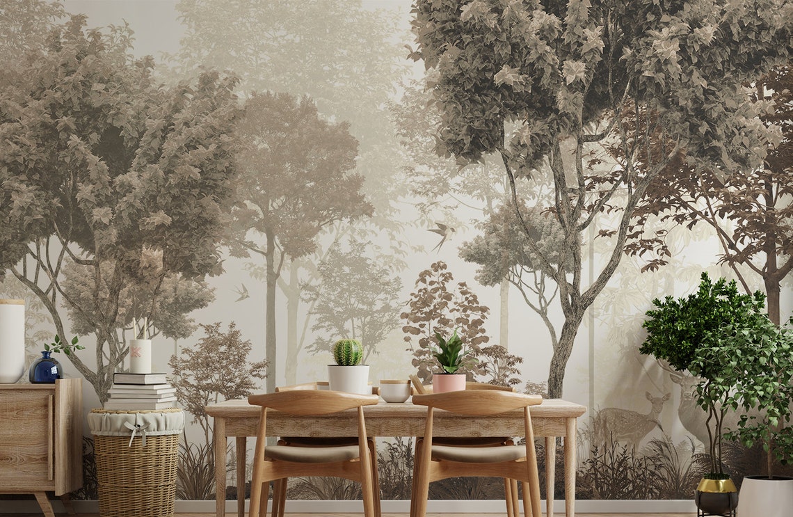 Neutral Woodland Deer Wallpaper Mural With Trees and Birds for Living ...