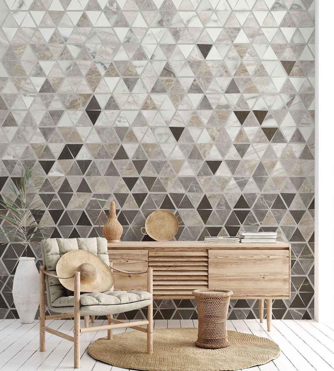 Modern Sepia Triangle Tile Wallpaper Mural – Geometric Marble Pattern ...