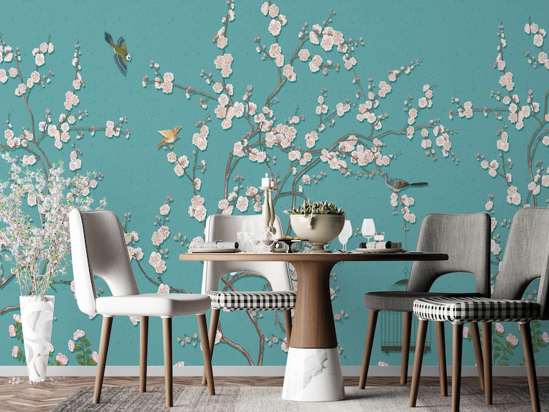 Chinese Plum Blossoms Bird Wallpaper Blue Floral Wall Mural Elegant ...