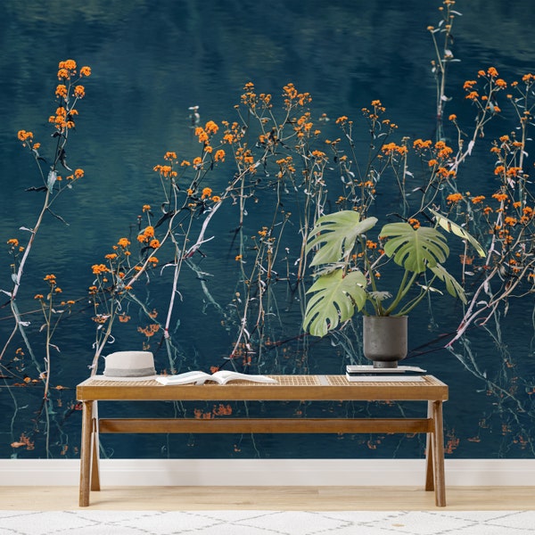 Blue Wallpaper With Orange Flowers - Etsy