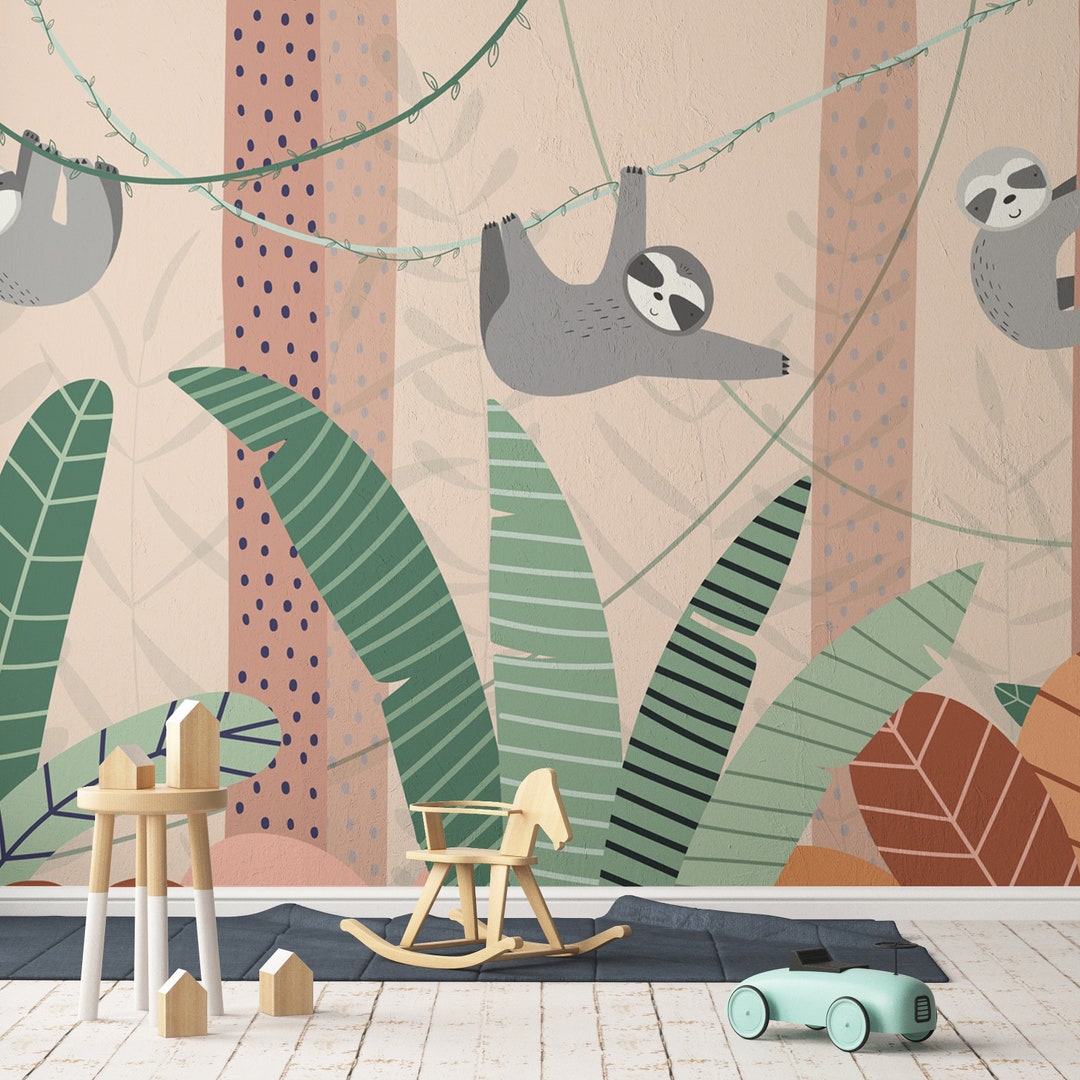 Sloth Jungle Wallpaper Mural: Tropical Nursery Peel and Stick Wall ...