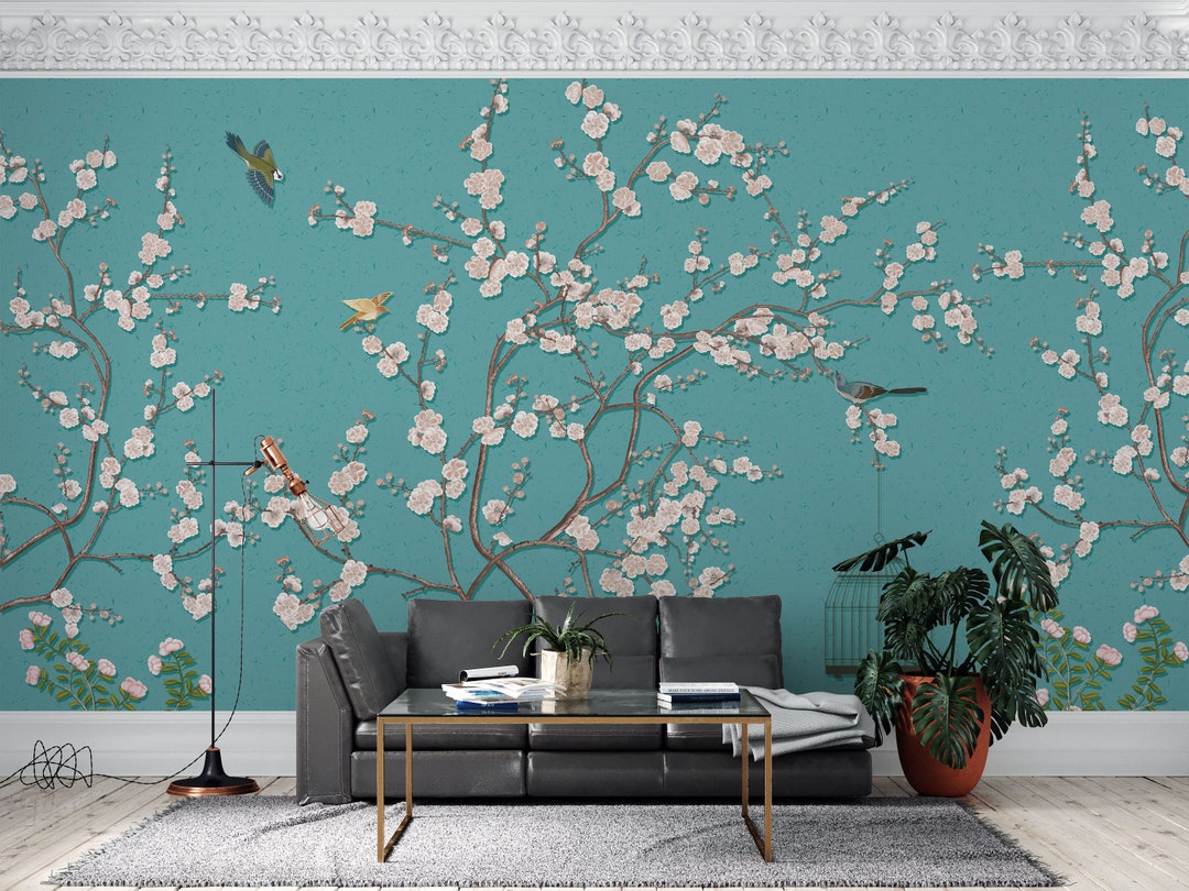 Chinese Plum Blossoms Bird Wallpaper Blue Floral Wall Mural Elegant ...