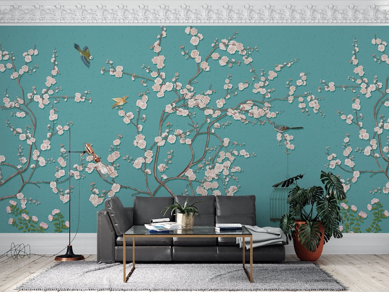 Chinese Plum Blossoms Bird Wallpaper Blue Floral Wall Mural Elegant ...