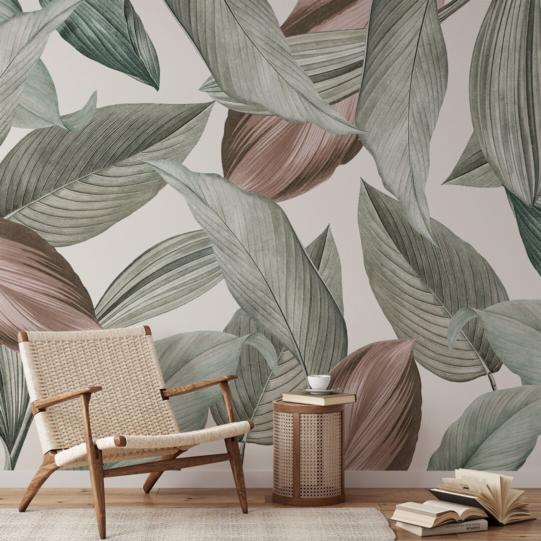 Large Botanical Leaf Wall Mural Wallpaper Green and Brown Foliage ...