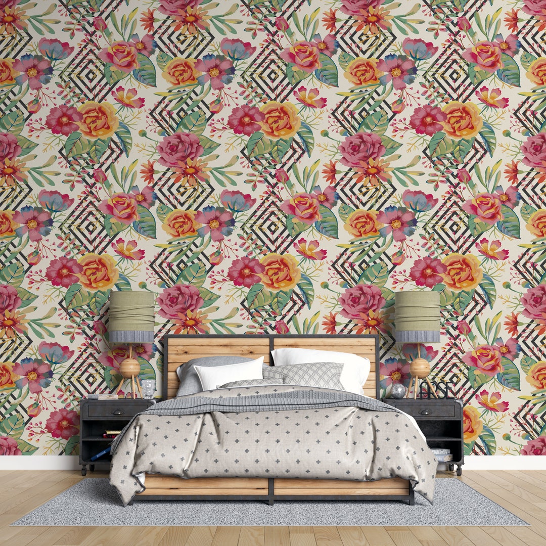 Bold Floral Geometric Wallpaper for Walls – Colorful Botanical Wall ...