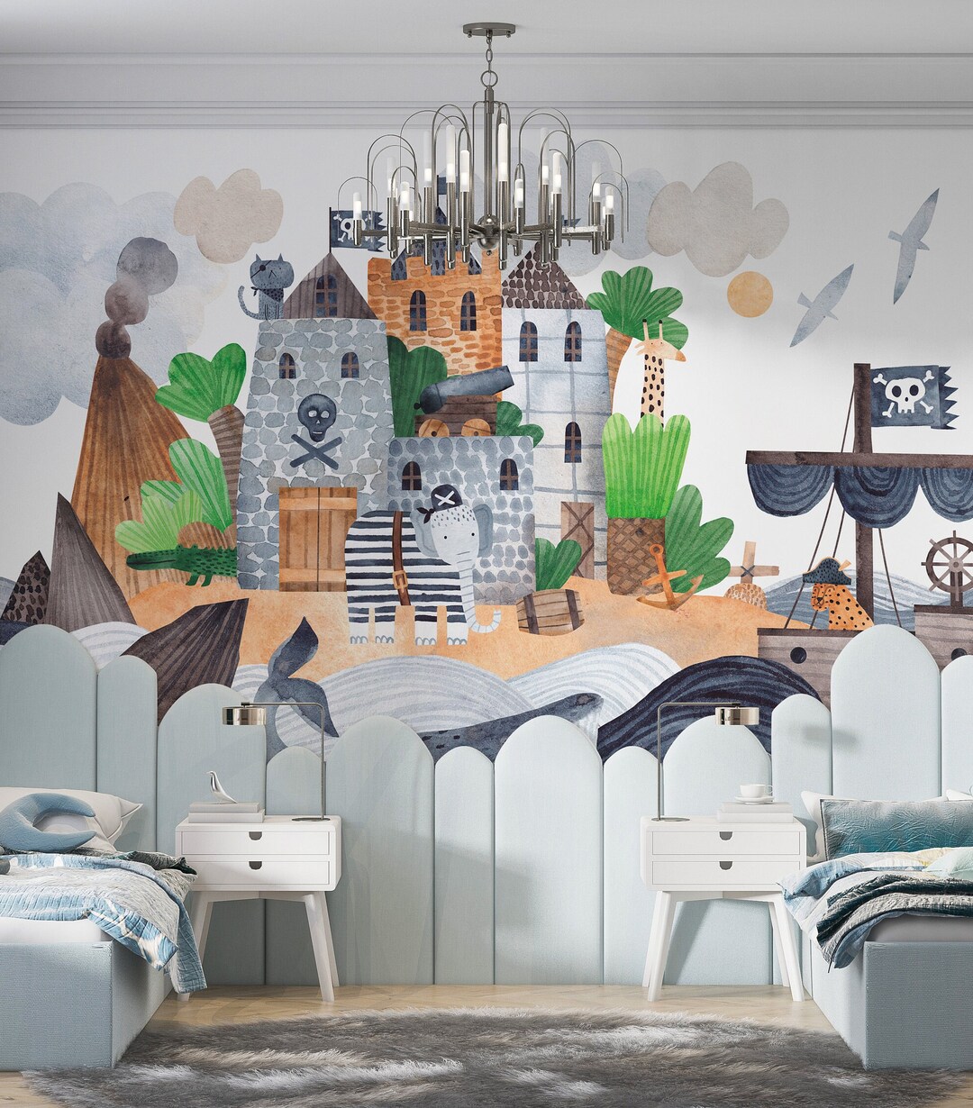 Pirate Fortress Wall Mural for Kids Room Nursery Animal Adventure Decor ...