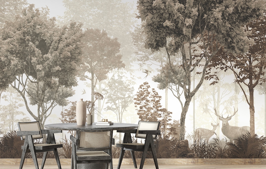 Neutral Woodland Deer Wallpaper Mural With Trees and Birds for Living ...