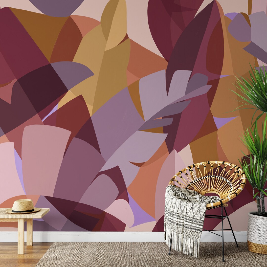 Pink Cubism Tropical Leaves Wallpaper Mural - Modern Abstract Wall Art ...