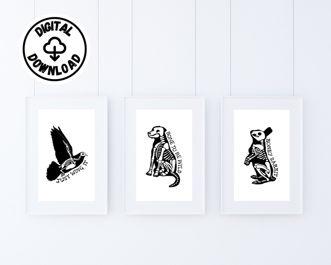 Skeleton Trio Wall Art Digital Art Print Black and White - Etsy
