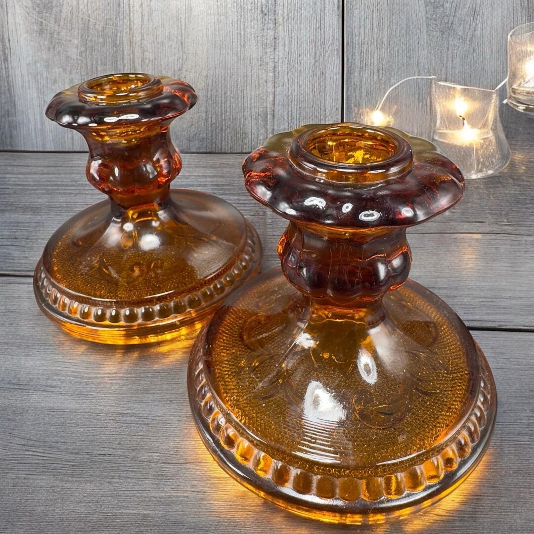Tiara Indiana Glass Amber Sandwich Taper Candle Holder Stick Holder ...