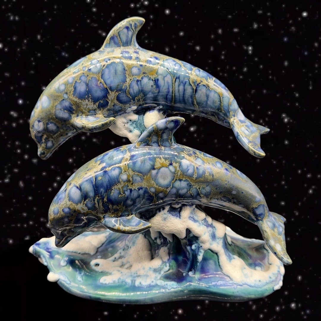Large Ceramic Dolphin Sculpture on Waves Mb Designs Usa Textured ...
