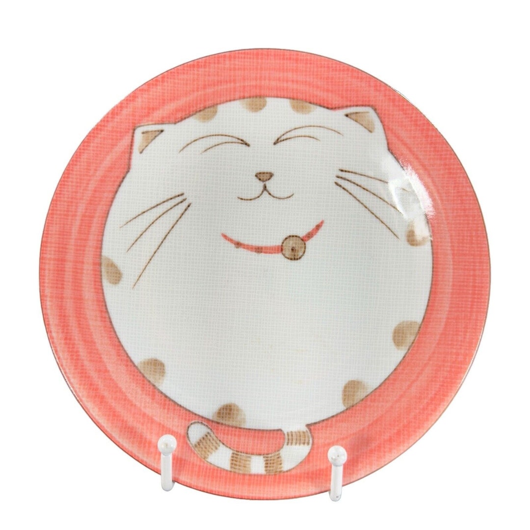 Kafuh Happy Fat Cat Pink Coral Plate Japan Oriental Ceramic Dish Plate ...