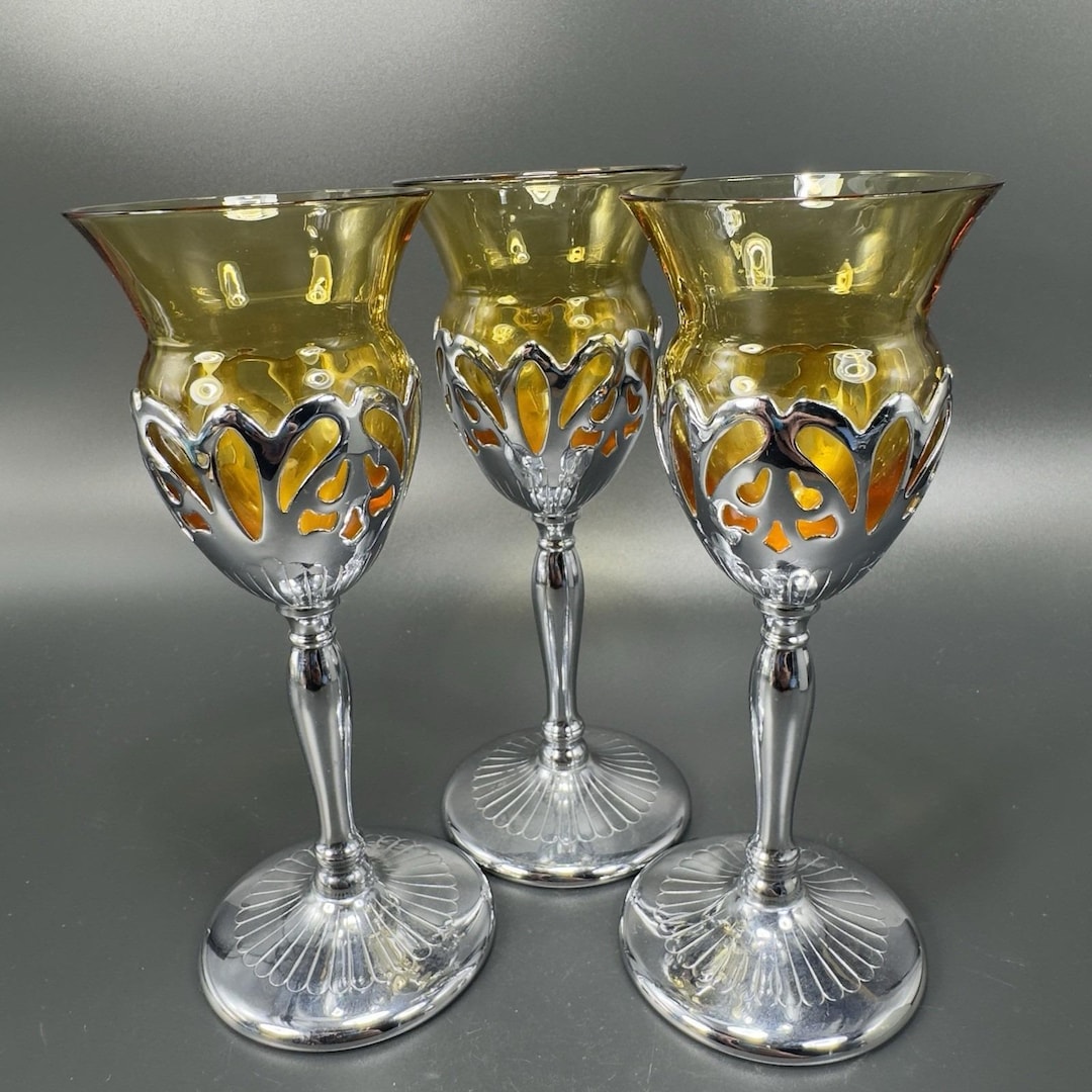 Farber Bros Amber Glass Art Deco Chrome Cordial Sherry Glasses 1930s ...