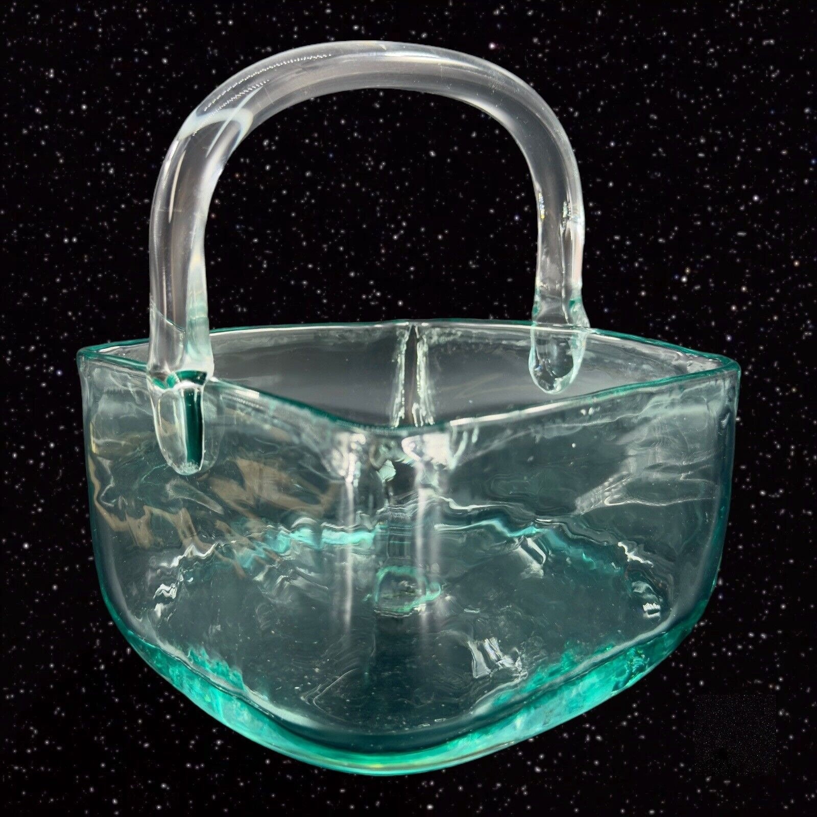 Blenko Teal Green Glass Square Basket With Clear Handle Manganese 365nm ...