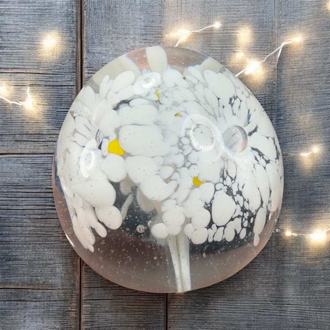 Vintage 1980s Dome Glass Paperweight Figurine Clear With White Flowers ...