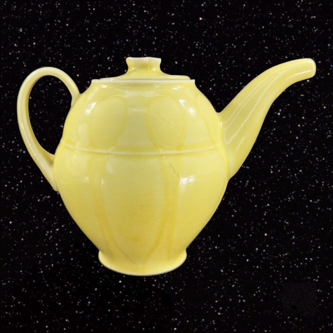 Vintage Light Yellow Stoneware Ceramic Teapot Yellow Glazed Paneled W ...