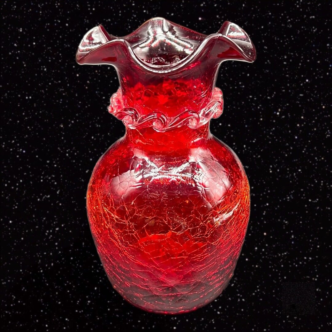 Ruby Red Art Glass Vase Crackled Glass Clear Applied Ruffles Vintage - Etsy
