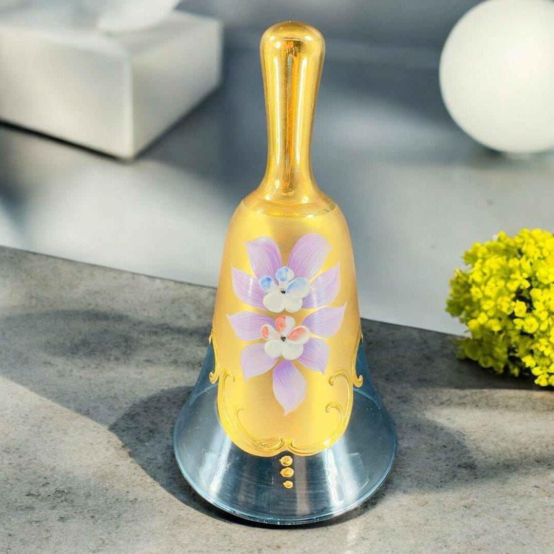 Vintage Venetian Murano Glass Bell Hand Painted Floral Textured Gold ...
