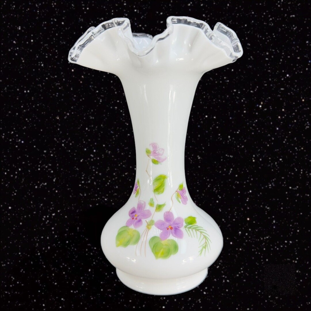 1960s Fenton Silver Crest Tall Vase Hand Painted Purple Flowers ...