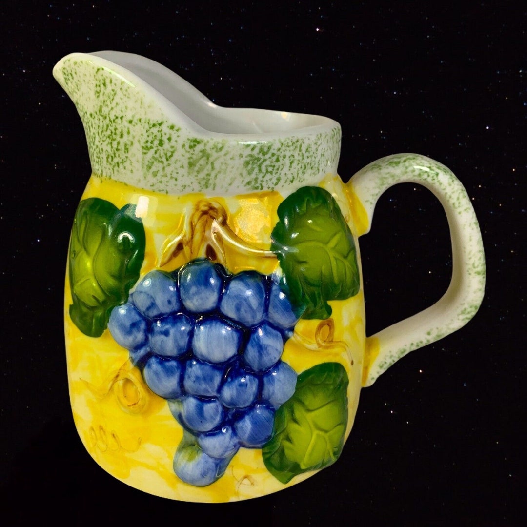 Panware Pitcher Studio Art Pottery Jug Yellow and Grapes 3.75”T 5.5”W ...