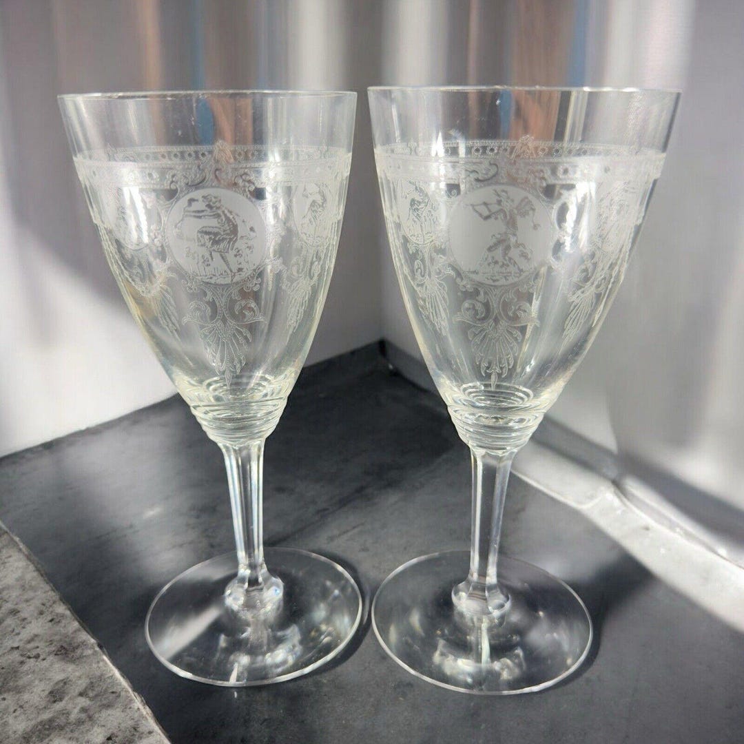 Heisey Pied Piper Etched Crystal Water Goblet Delicate Stemware Glasses ...