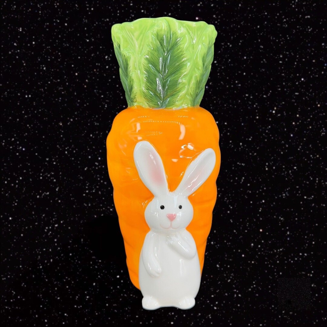 Ceramic Porcelain Bunny and Carrot Tall Vase 3D Figural Whimsical Vase ...