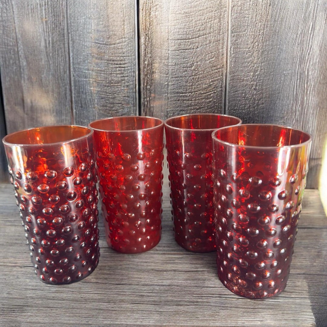 Vintage Ruby Red Bubble Glass Hobnail Flashed Color Drinking Tumbler ...
