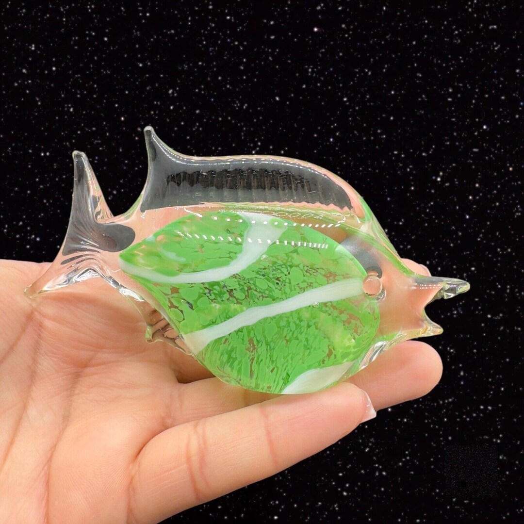 Art Glass Fish Paperweight Green White Stripped Figurine Vintage 4”W 2. ...