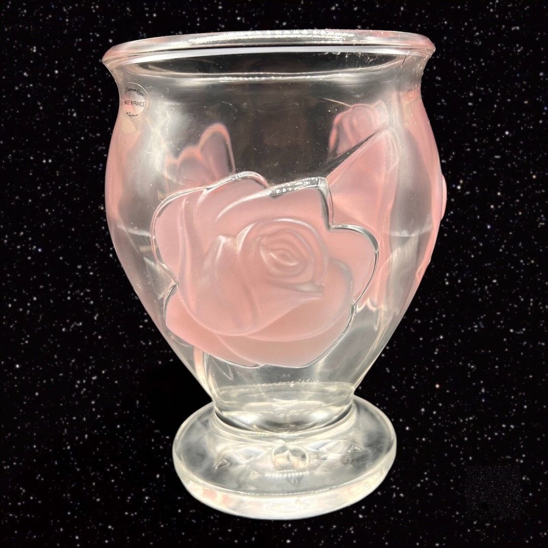 Teleflora Glass Heavy Vase Raised Puff Frosted Pink Roses Lead Crystal ...