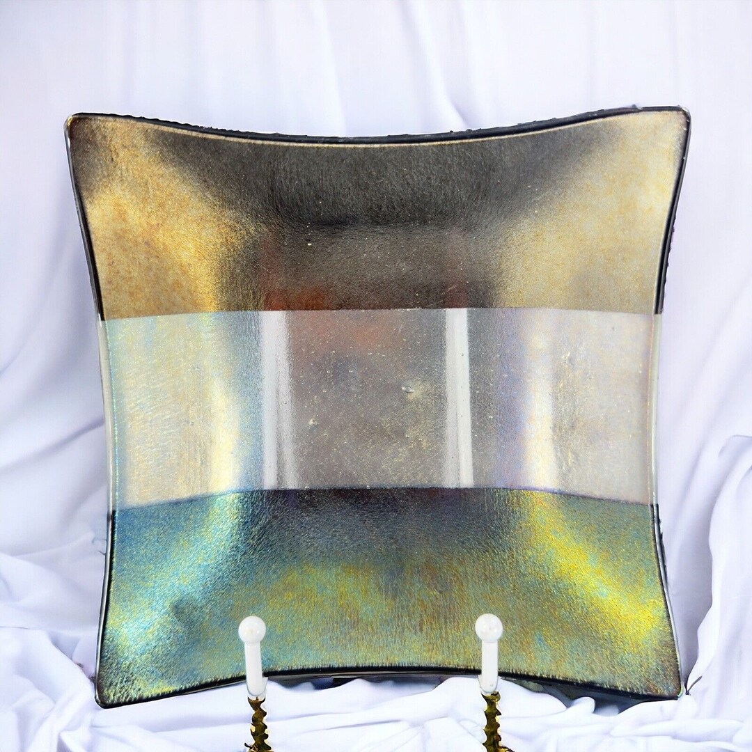 Studio Art Glass Fused Square Dish Plate Multicolor Iridescent Sign ...