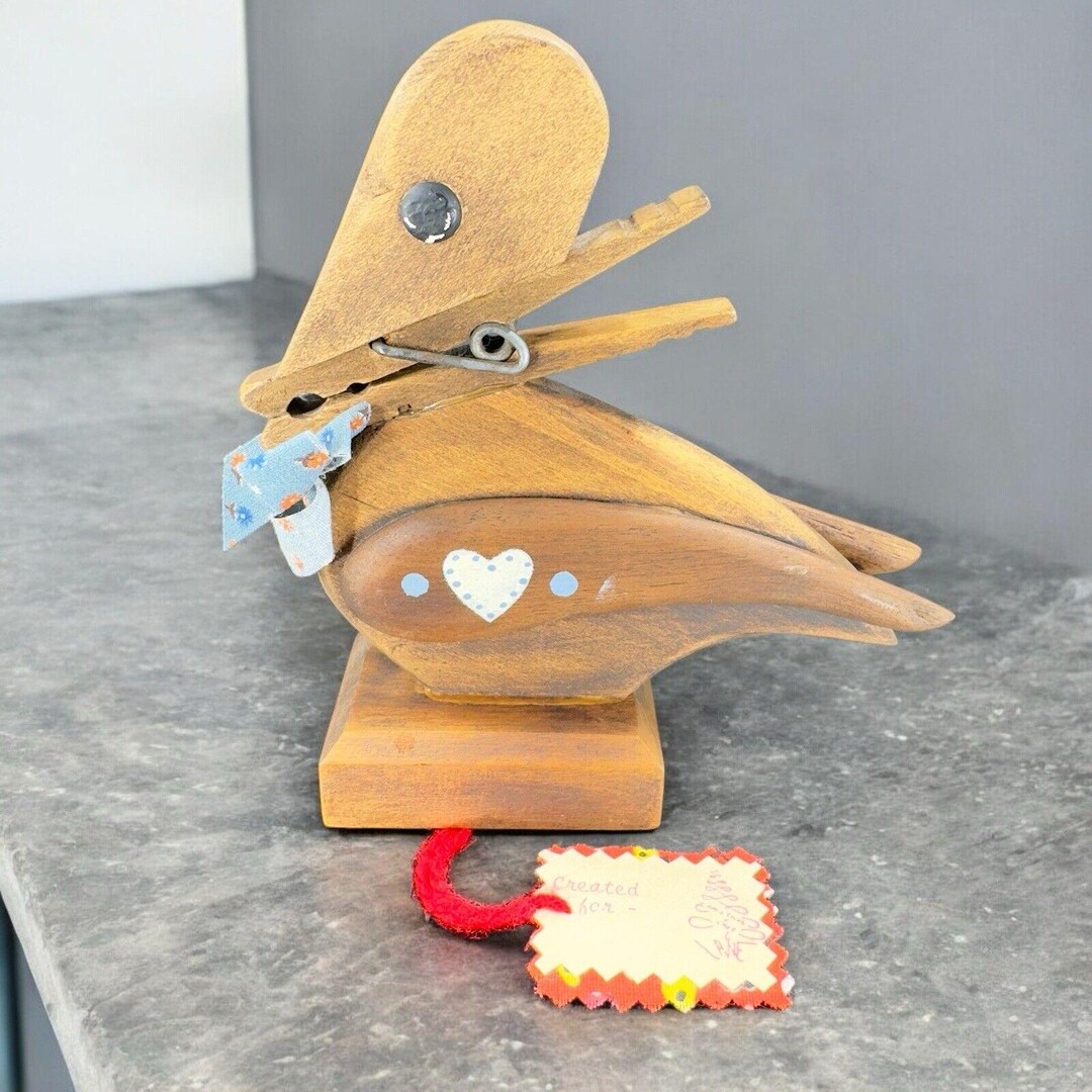 Hand Carved Wooden Duck Clothespin Beak Note Recipe Card Holder Bird ...