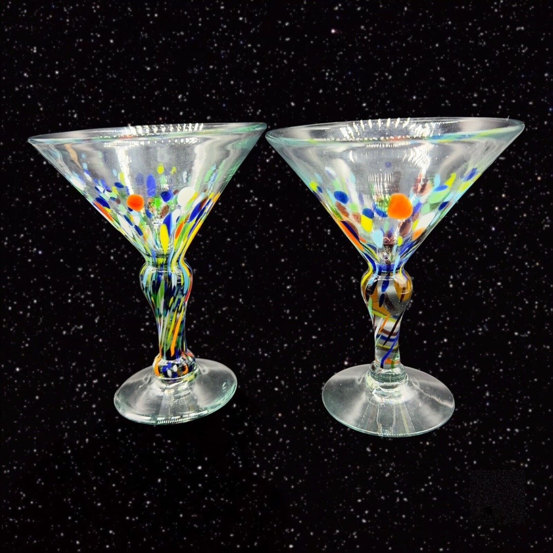 Mexican Hand Blown Glass Confetti Rock Margarita Glass Set 2 Glasses 7 ...