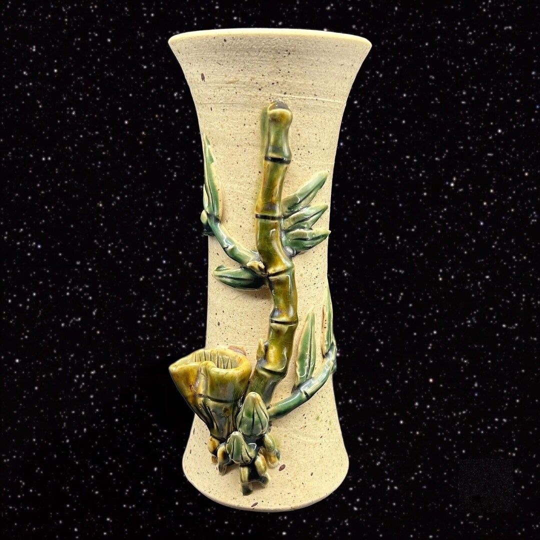 Ceramic Pottery Vase With Applied Bamboo Plant Green Brown Vase Vessel ...