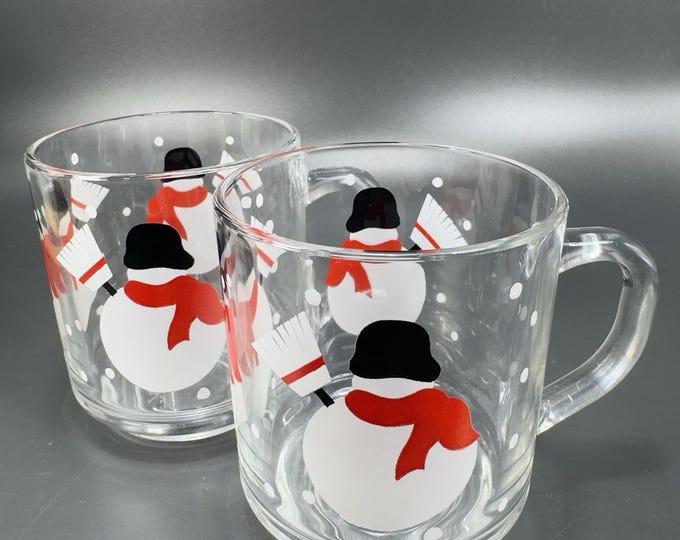 Luminarc Clear Glass Cup Mug Snow Snowman Holiday Christmas Set 2 Mugs ...