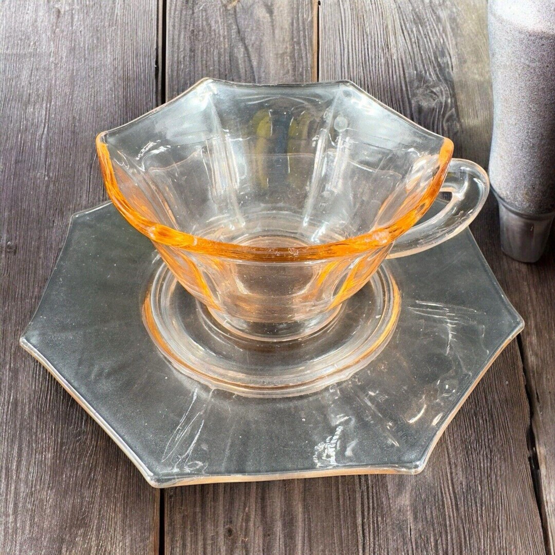 Vintage Liberty Works Octagon Cup and Saucer Pink Depression Glass Set ...