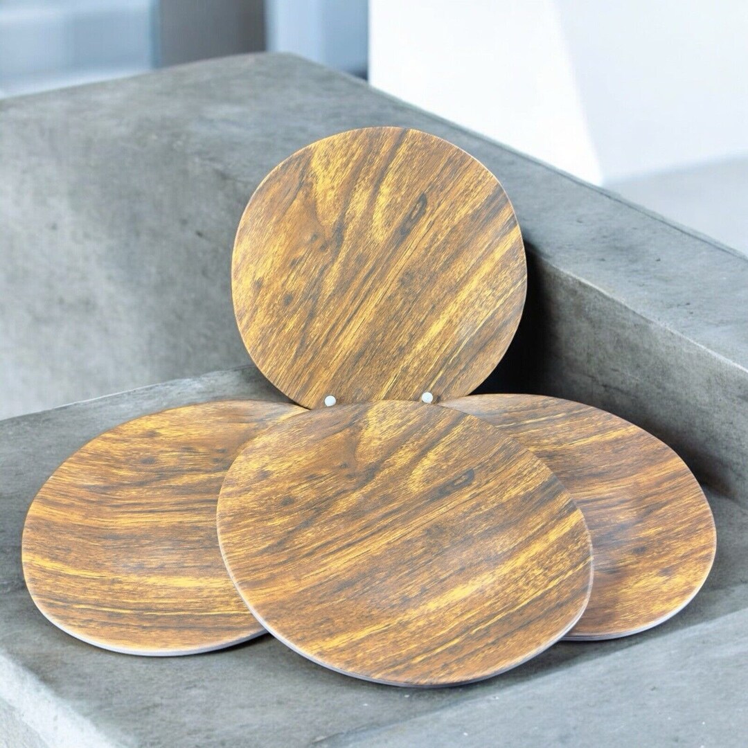 Vintage Melamine Plate Dish Natural Wood Look Rustic Set 4 Round Plates ...