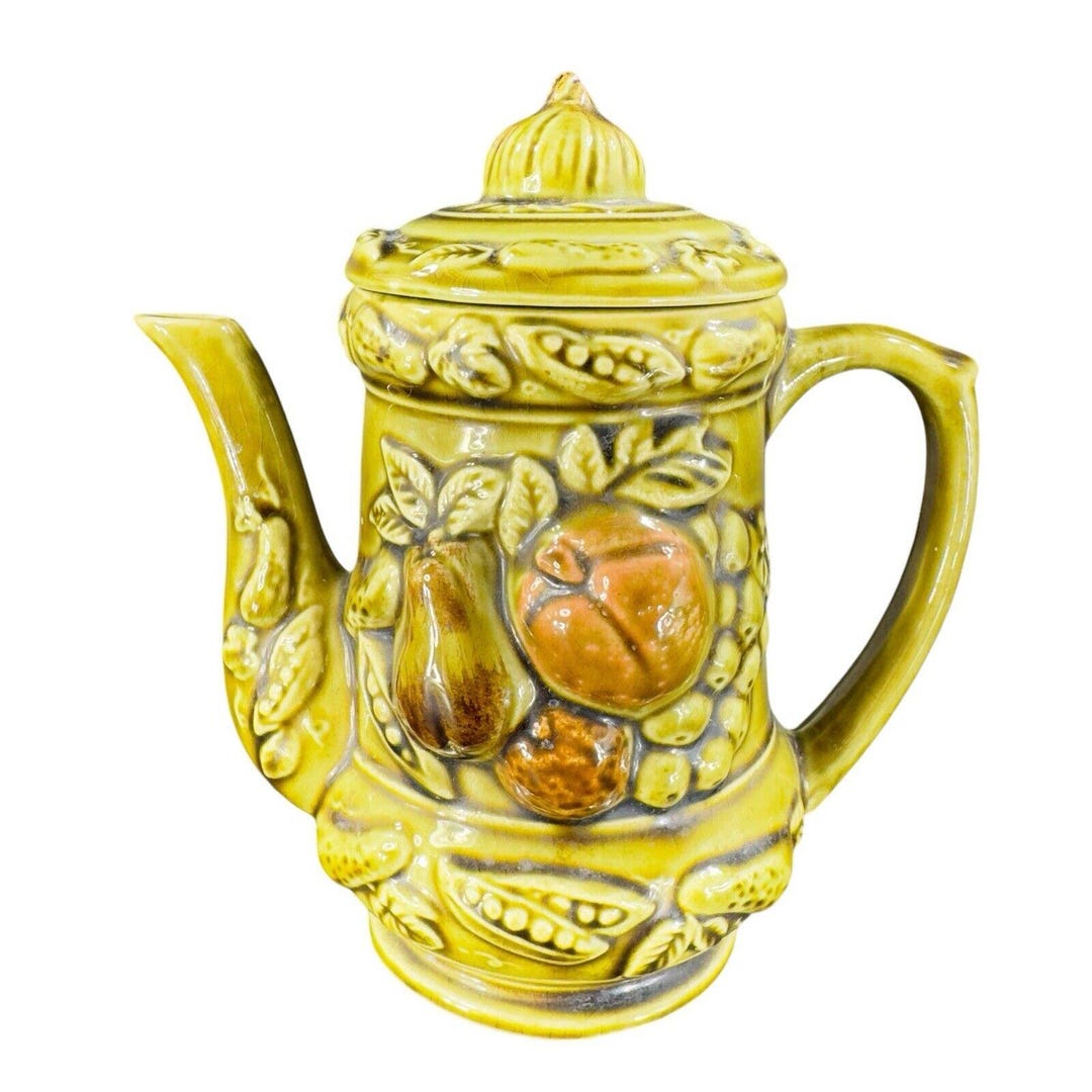 Vintage Ceramic Olive Green Teapot Carafe Fruit Veggies Decor Made in ...