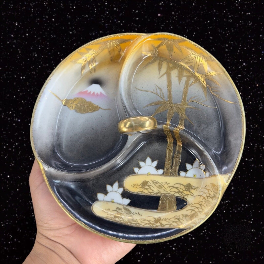 Hand Painted Japanese Porcelain 3 Way Divided Dish Platter Gold Accents ...
