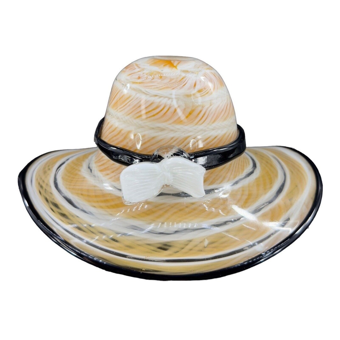 Large Art Glass Hat Bowl Dish Shaped Yellow With Black Edges Glass ...