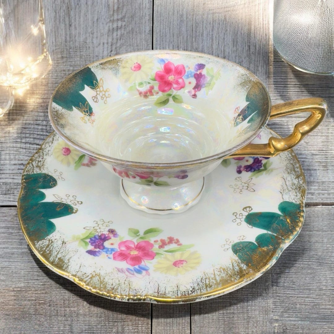 Vintage German Porcelain Teacup and Saucer Set Flower Pattern Gold ...