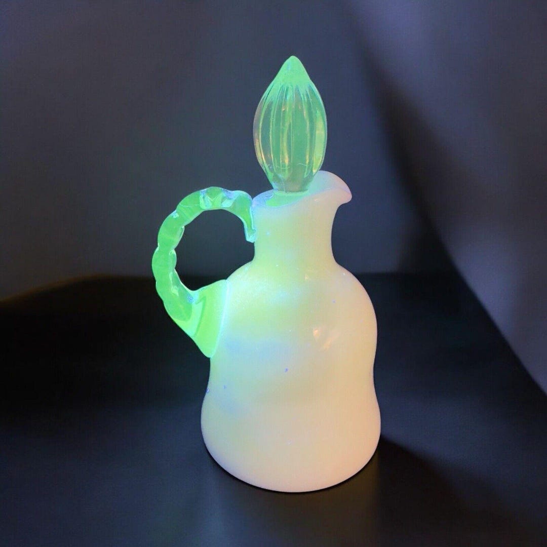 Vintage Milk Glass Cruet Small Bottle Clear Stopper Green UV Manganese ...